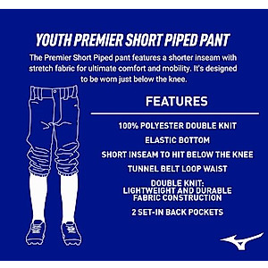Mizuno Boys Youth Premier Short Piped Pant S White-Black, White/Black, Small US