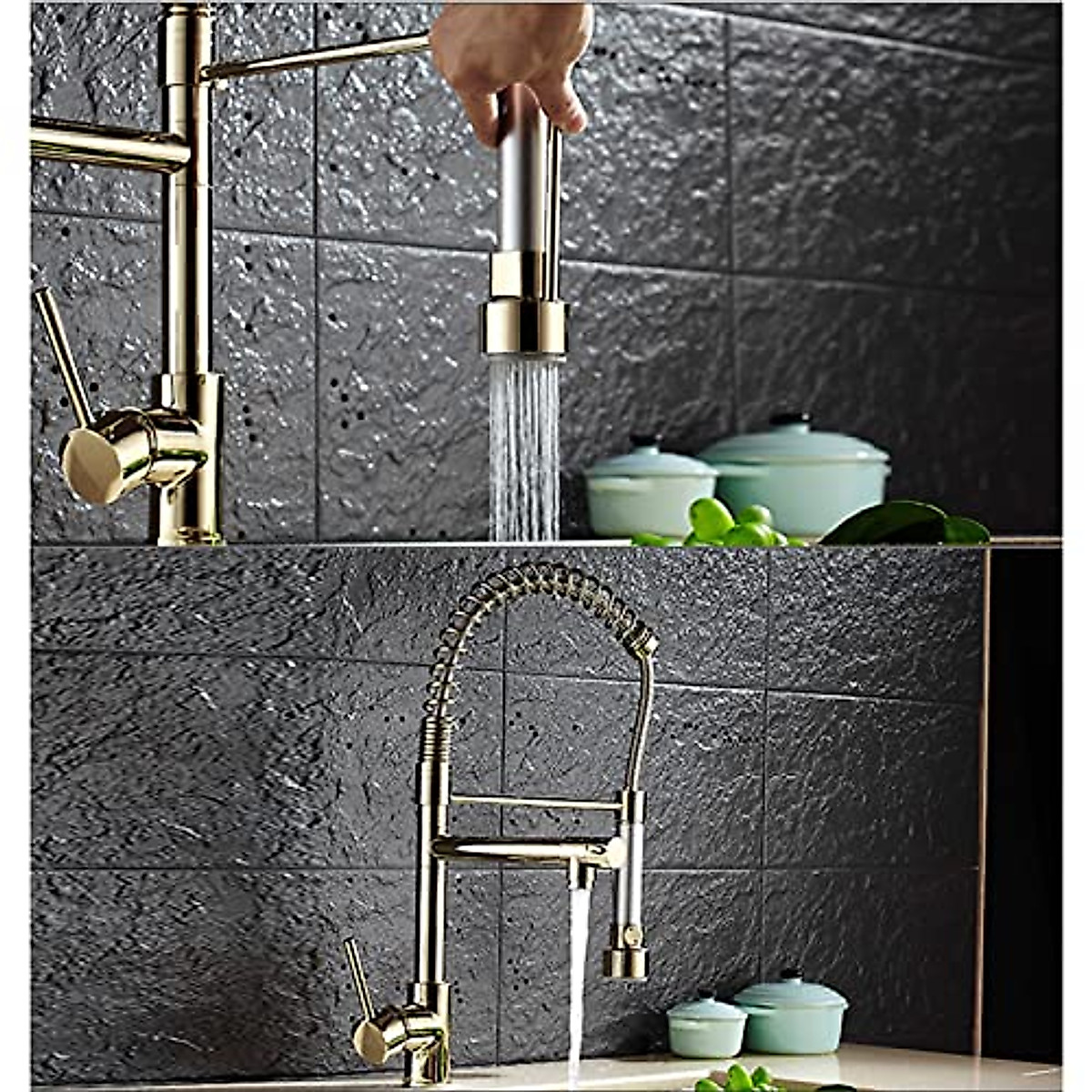 Kitchen Faucet with Pull Down Sprayer Gold Pull Out Kitchen Faucets Commercial Spring Kitchen Sink Faucet Hot and Cold Water Deck Mounted Brass Sink Tap 2 Spout with Standard Fittings