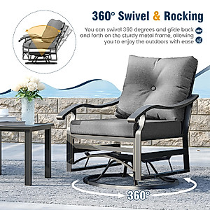 VONZOY 3 Piece Outdoor Swivel Chair, Patio Furniture Metal Rocker Bistro Set with Rocking Chair, Thick Cushions and Table for Porch Garden Balcony（Grey）