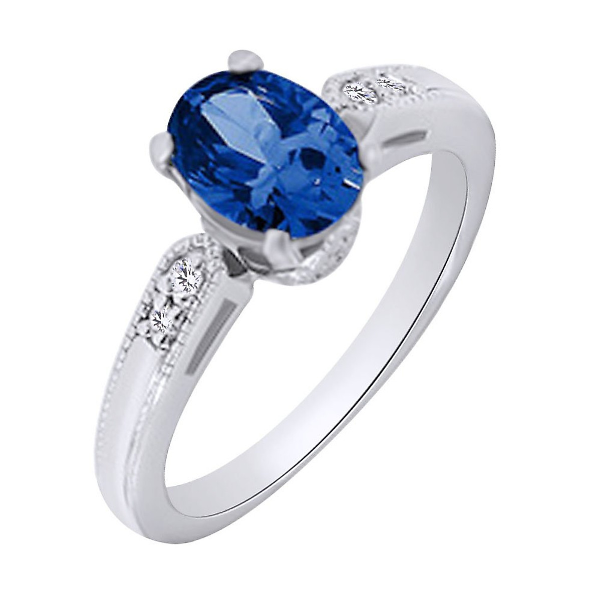 AFFY 1.05 cttw Simulated Blue Sapphire & White Natural Diamond Antique Style Engagement Wedding Ring in 14k White Gold with Ring Size -12