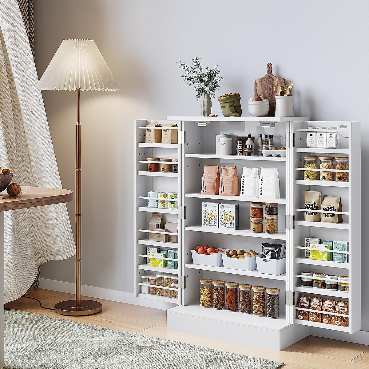 VEELOK 41" Pantry Cabinet with Doors and Adjustable Shelves, White Freestanding Kitchen Pantry Storage Cabinet for Snacks, Food Pantry Cabinet for Small Space, Pantry Closet Cupboard