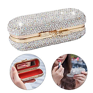 CALIDAKA Lipstick Case Holder with Mirror Crystal Lipstick Organizer for Travel Ladies Fashion Portable Glitter Shiny Diamonds Rhinestone Clip Holder Luxury Lip Gloss Makeup Storage Bag