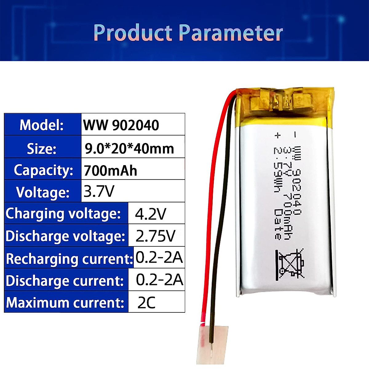 FREEDOH 3.7V Li-Polymer Battery 700mAh Lithium-ion Backup Battery 902040 Lithium-Polymer ion Rechargeable Battery with Protection Board (2pcs)