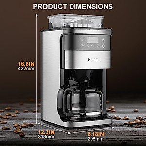 Homtone 10-Cup Coffee Maker with Burr Grinder Built-in,Programmable Grind & Brew, Smart LED Touchscreen Auto Drip Machine, 950W, Black/Stainless Steel, Customizable Strength & Grind Size