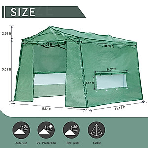 Joyside Walk-in Greenhouse 8.5 Ft x 11 Ft Pop-up Outdoor Green House Plant Gardening Canopy, Roll-up Zipper Entry Doors and 2 Large Roll-Up Side Windows with Garden Hand Shovel(Large, Green)
