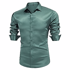 Maiyifu-GJ Mens Metallic Disco Shiny Dress Shirt Long Sleeve Button Down Nightclub Party Shirts Luxury Satin Slim Prom Shirt (Green,Large)