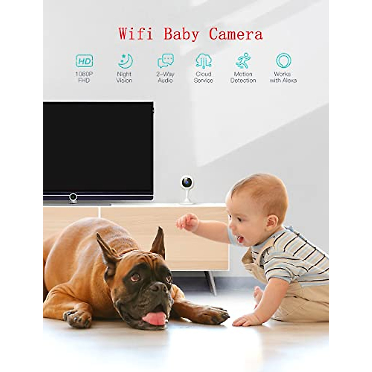 Baby Monitor 1080P FHD WiFi Security Indoor Camera Smart Pet Camera 103° Wide-Angle Two-Way Audio, 940nm Night Vision,Motion Detection, Compatible with Alexa