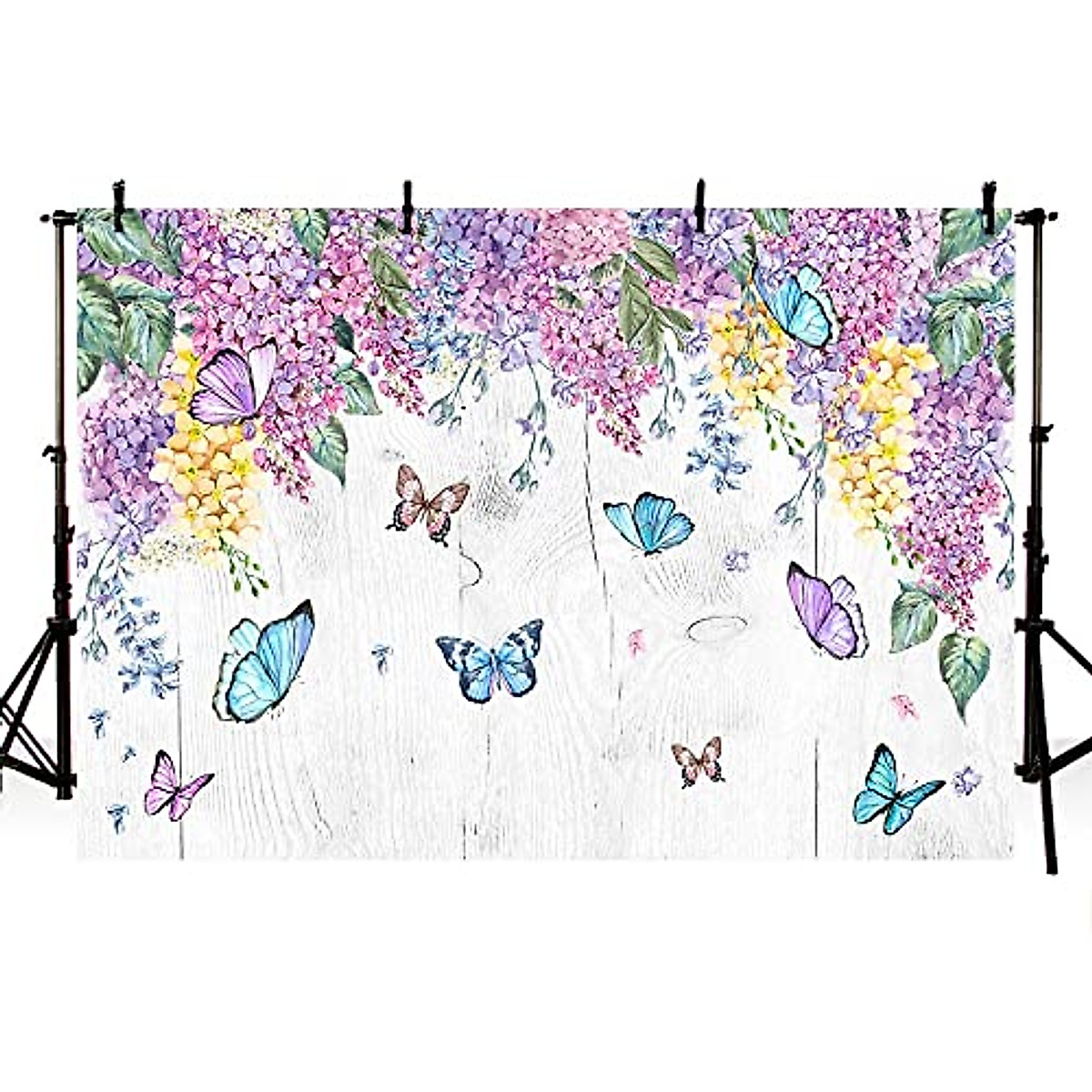 ABLIN 7x5ft Spring Butterfly Photography Backdrop for Birthday Baby Shower Party Decorations Purple Flowers Wood Background Wedding Photo Backdrop Shoot Props (CQ236)