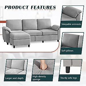 Vongrasig 79" Convertible Sectional Sofa Couch, 3 Seat L Shaped Sofa with Removable Pillows Linen Fabric Small Couch Mid Century for Living Room, Apartment and Office (Light Grey)