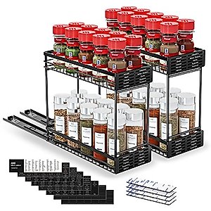 Xpatee [2 Pack Pull Out Spice Rack Organizer for Cabinet with 480 Labels, 2-Tier Heavy Duty Slide Out Seasoning Organizer for Kitchen Cabinets , Sliding Cabinet Organizer 4.6" W x10.3 D x9 H