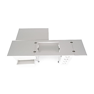 Arrow Classic Sewing Furniture Harriet Full-Size Sewing Cabinet with Hydraulic Machine Lift, Drawers, Expandable Leaves, Locking Wheels - Ash White