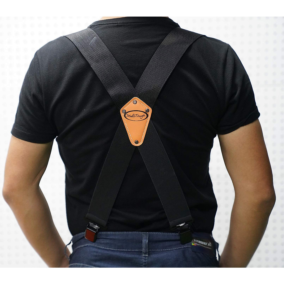 Melo Tough Men's Industrial Strength Suspenders Partial Elastic Tradesperson's Suspenders 2 inch Wide Tool Belt Suspenders (Black)