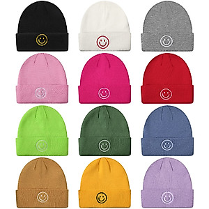12 Pieces Knit Beanie Hat with Smile Face Embroidered Acrylic Soft Winter Hats Stretchy Smile Beanie Hats for Men Women (Bright Colors)