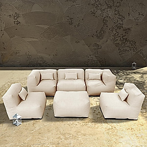 OPEAK Patio Furniture Set Bean Bag Chairs 6PC Outdoor Chairs Sectional Conversation Patio Set Daybed Furniture Outdoor Sofa Couch High Density Foam Filling Modern Comfy Patio Couch (Light Beige)