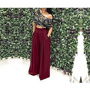 LROSEY Women's Stretchy Solid Color High Waisted Wide Leg Palazzo Pants with Pockets Wine