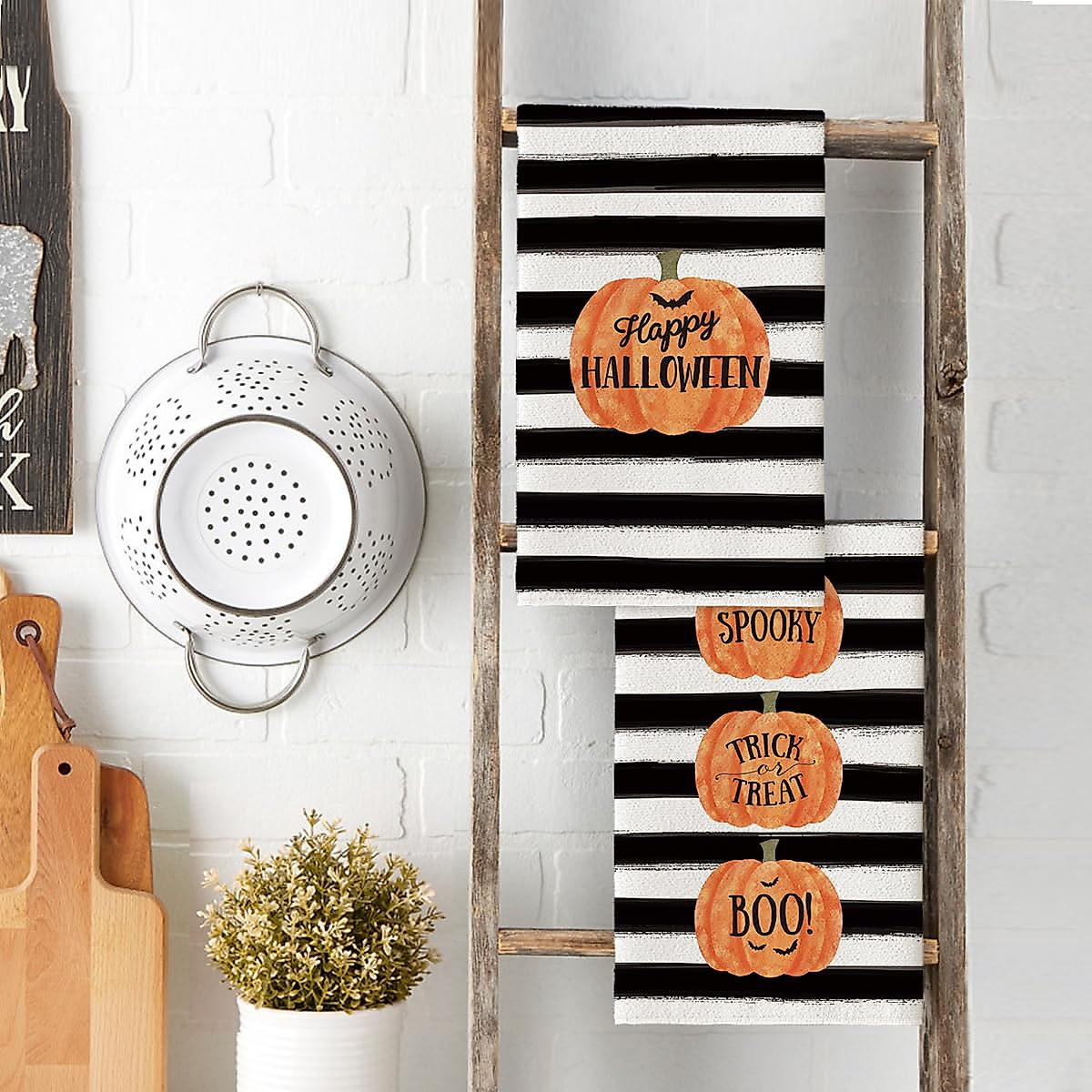 Artoid Mode Watercolor Stripes Happy Halloween Kitchen Towels and Dish Towels, 18 x 26 Inch Spooky Trick Boo Pumpkins Holiday Ultra Absorbent Drying Cloth Hand Towels for Cooking Baking Set of 2