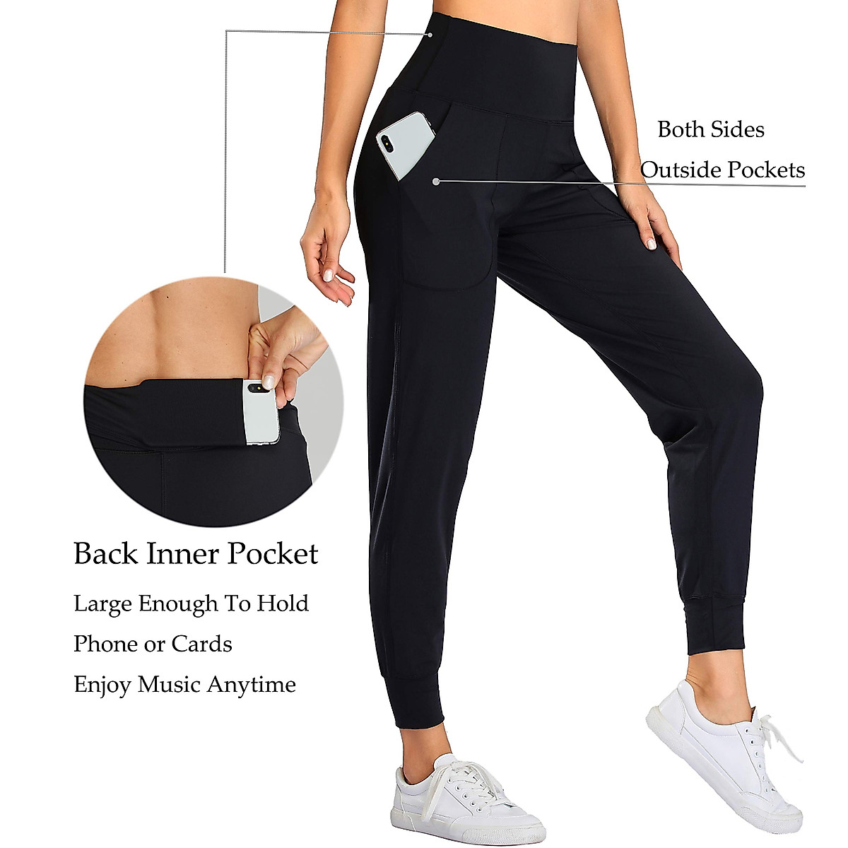 Oalka Women's Joggers High Waist Yoga Pockets Sweatpants Sport Workout Pants Black XL