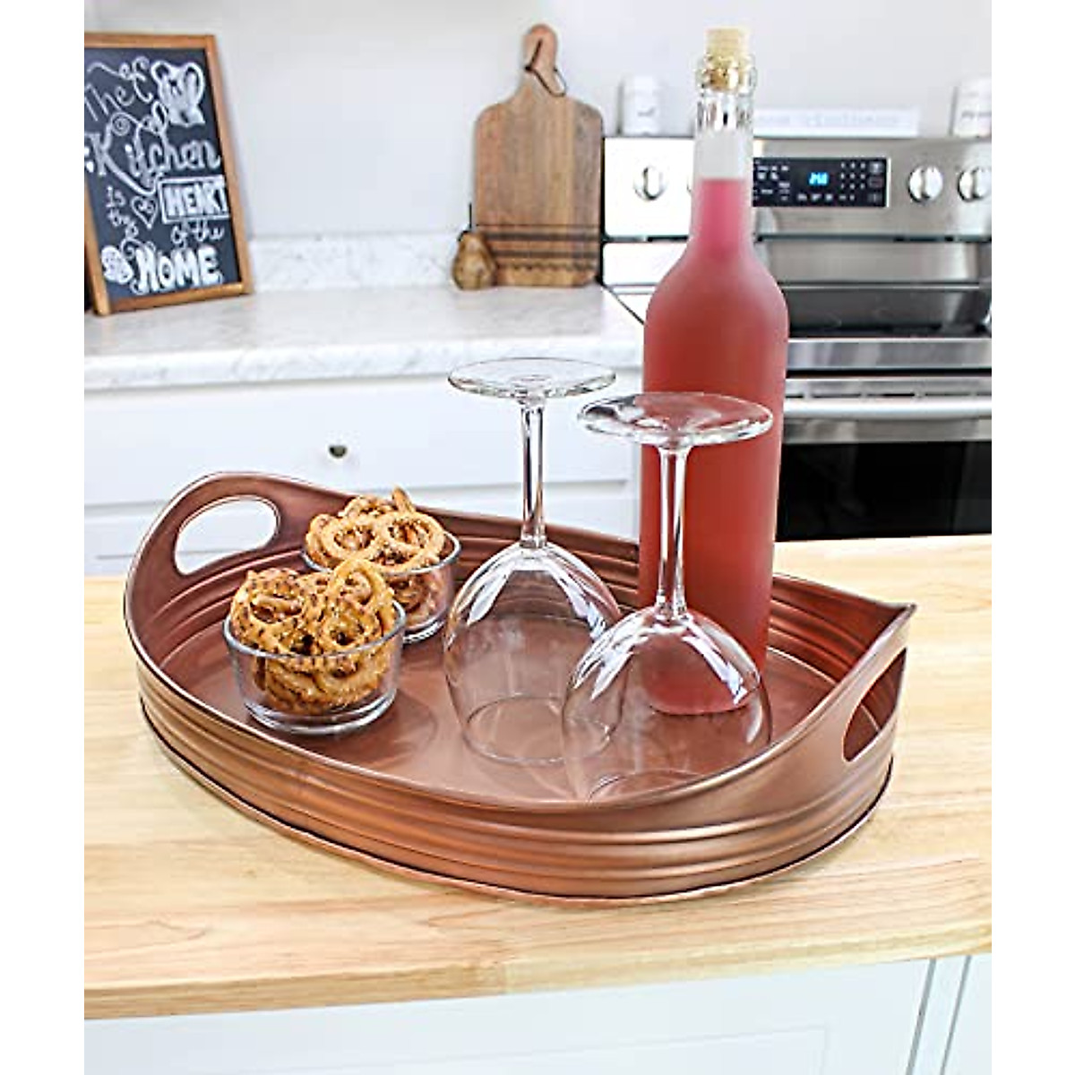 AuldHome Rustic Oval Copper Tray (16.5 x 12.5 Inches); Farmhouse Metal Decorative Serving Tray