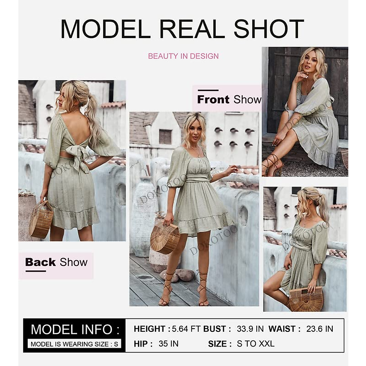 Dokotoo Womens Square Neck Mini Dress Tie Back Lantern Sleeve Summer Dresses Ruffle A-Line Grey Dress Casual Shirred Elastic Waist Sexy Dress Medium