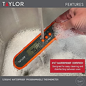 Taylor Digital Waterproof Food Meat and Candy Thermometer, with a Folding Probe, programmable presets, Backlit Display, andIncludes 2 AAA Batteries