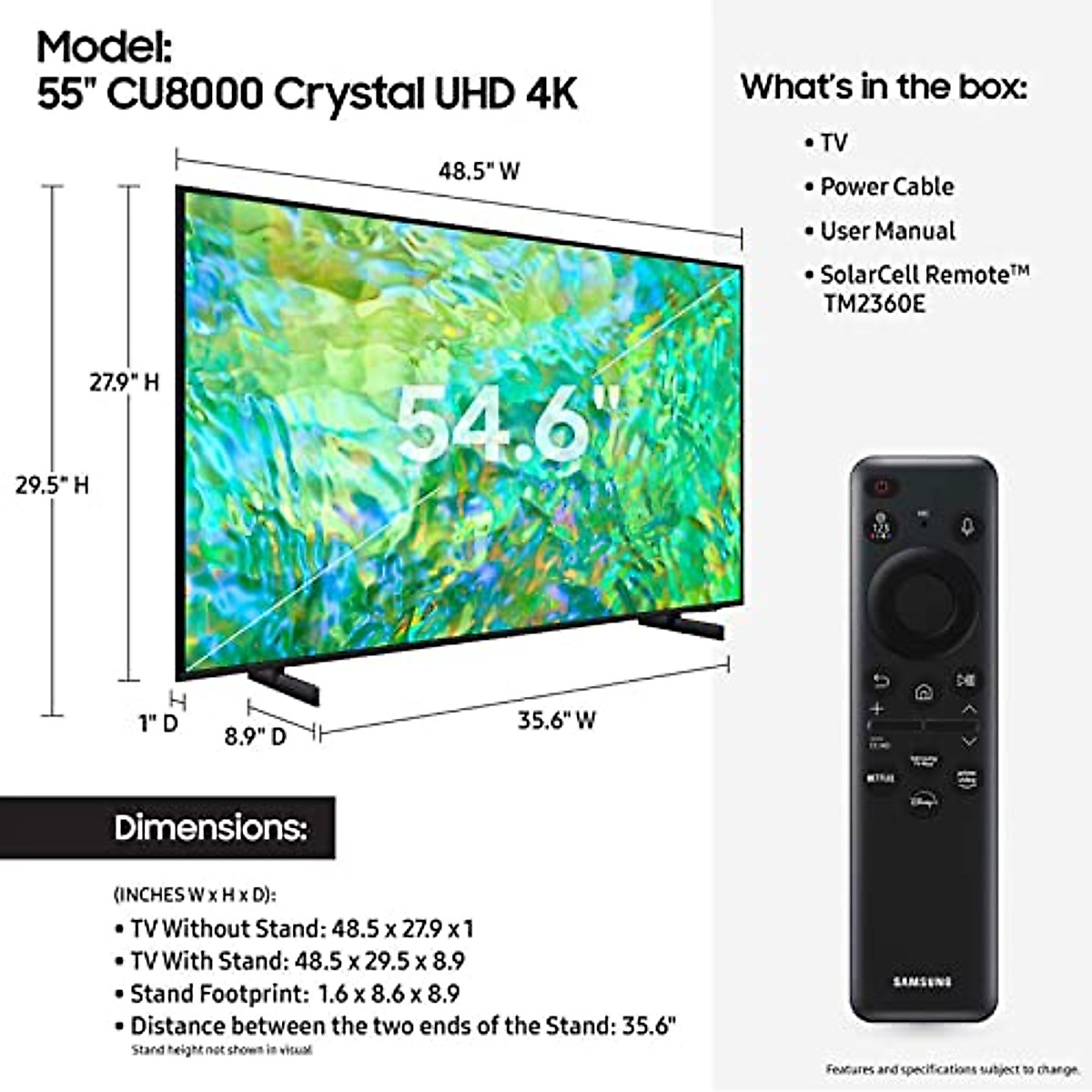 SAMSUNG 55-Inch Class Crystal UHD 4K CU8000 Series PurColor, Object Tracking Sound Lite, Q-Symphony, Motion Xcelerator, Ultra Slim, Solar Remote, Smart TV with Alexa Built-in (UN55CU8000, 2023 Model)