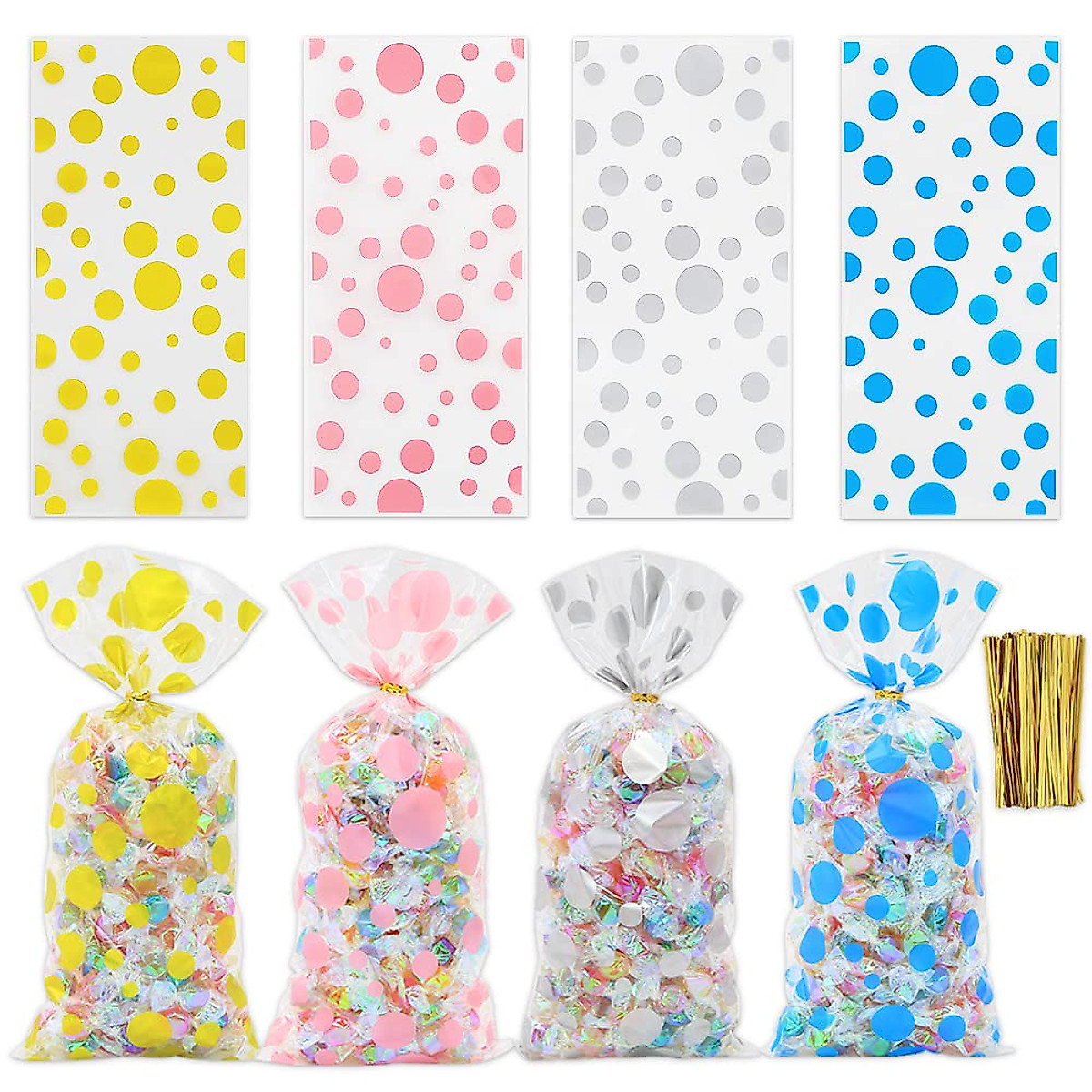 Polka Dot Cellophane Bags, 100pcs Clear Treat Bags, Plastic Christmas Cello Bags Sweets Bags with 100 Twist Ties for Goodie, Cookies, Nut, Gift Wrap, Wedding Birthday Party Favor Supplies (4 Pattern)