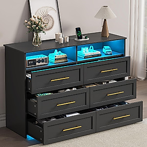 MSmask Black Dresser with LED Lights and Charging Station, Chest of 6 Drawers for Bedroom, Double Dressers with Open Storage, Closet Organizer for Bedroom, Living Room, Entryway
