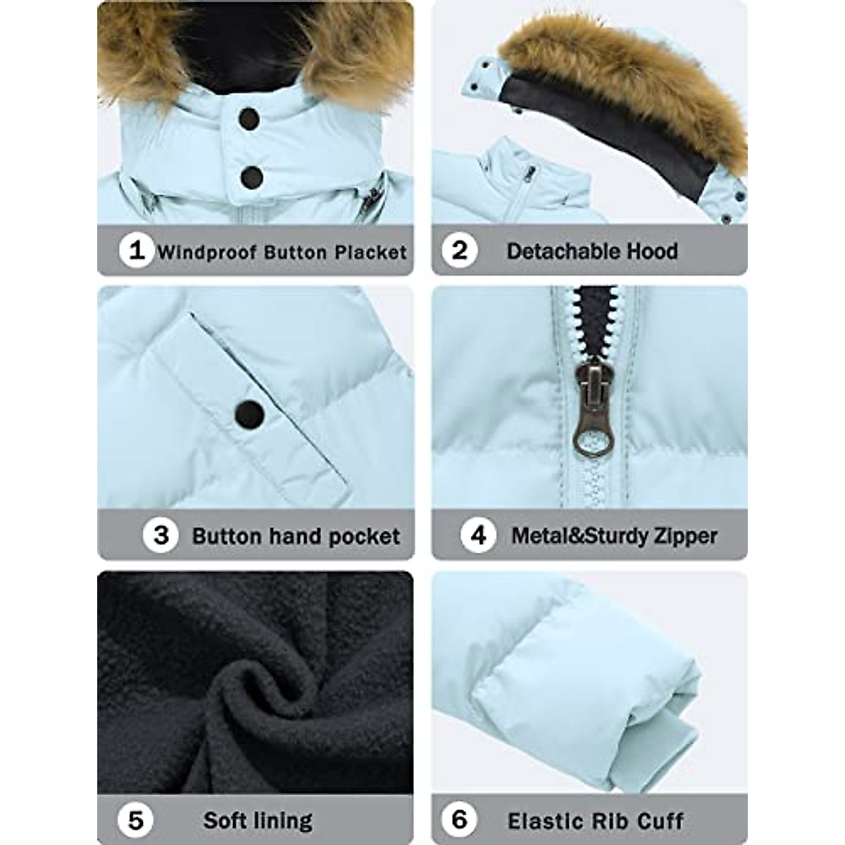 YXP Girl's Puffer Jackets Warm Fleece Lined Winter Coats with Detachable Hood (Skyblue,8)