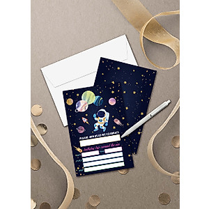 Disfuco Outer Space Birthday Party Invitations - Galaxy Space Party Supplies - Fill in The Blank Birthday Party Invites - 20 Invitation Cards With 20 Envelopes (B10)