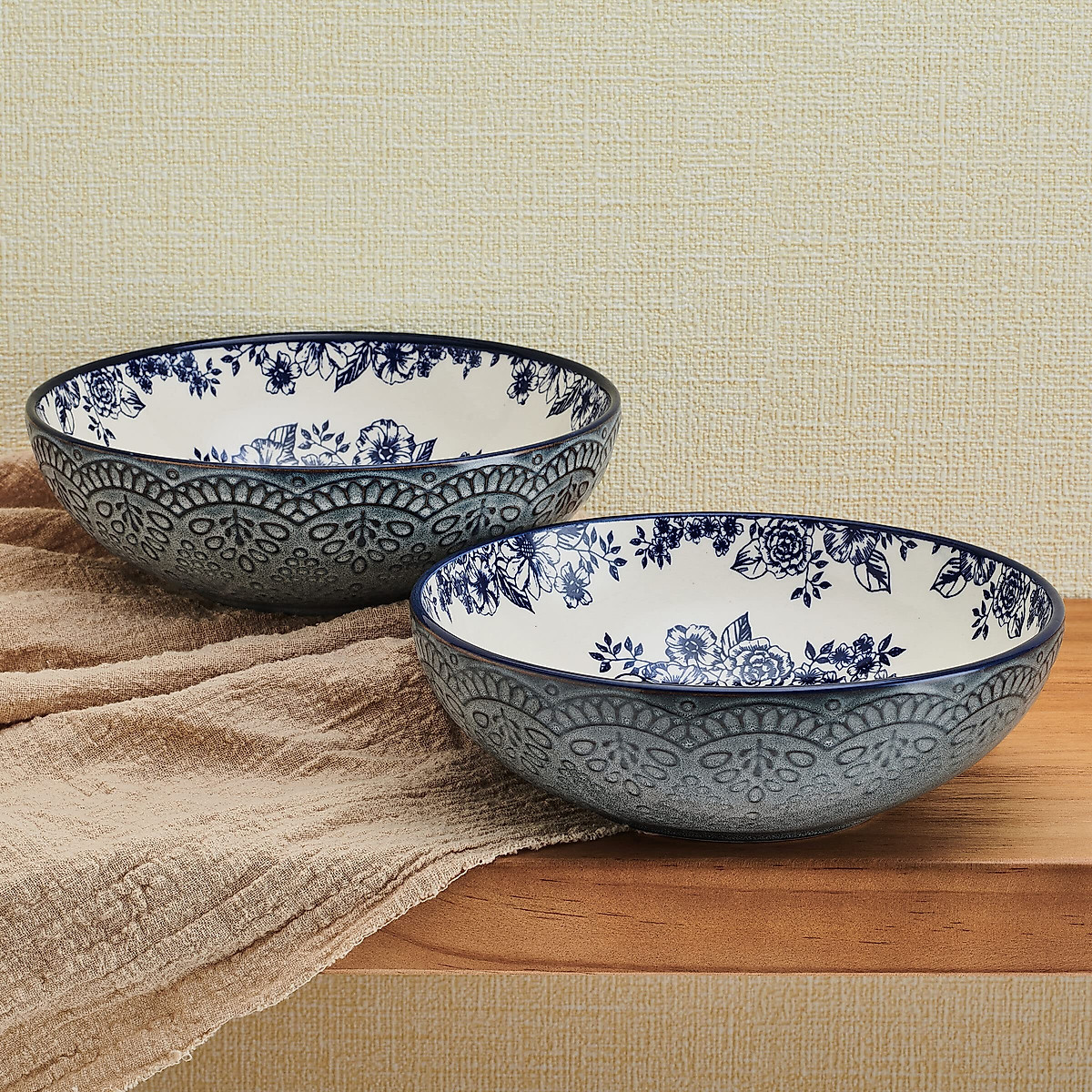 Pfaltzgraff Gabriela Blue Floral Set of 2 Pasta Bowls, 8 Inch, Blue and White