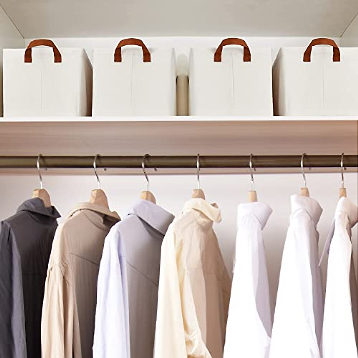 Yawinhe Foldable Storage Basket with Drawstring Cover and 2 Leather Handles, Collapsible Storage Bins, Baskets for Organizing Shelf Nursery Home Closet (Beige, 14.56x10.23x7.87in/4-Pack)