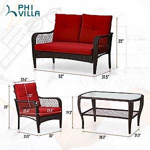 PHI VILLA 4 Piece Outdoor Wicker Patio Furniture Sets Clearance, Patio Wicker Conversation Sets All Weather Rattan Wicker Sofa with Cushions for Garden Lawn Deck, Brown & Red