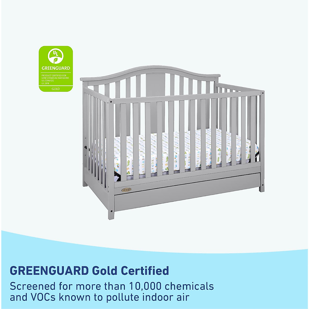 Graco Solano 4-in-1 Convertible Crib with Drawer (Pebble Gray) – GREENGUARD Gold Certified, Crib with Drawer Combo, Includes Full-Size Nursery Storage Drawer, Converts to Toddler Bed and Full-Size Bed