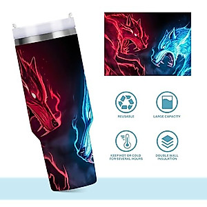 ODAWA 40 Oz Travel Insulated Tumblers with Straw and Handle, Wolf Red Blue Double Wall Insulated Tumbler