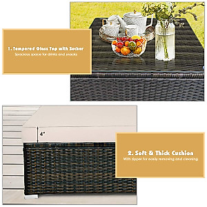 Tangkula 5 PCS Patio Rattan Furniture Set, Outdoor Sectional Rattan Sofa Set with Back & Seat Cushions, Wicker Conversation Set with Tempered Glass Table for Backyard Porch Garden Poolside (Brown)