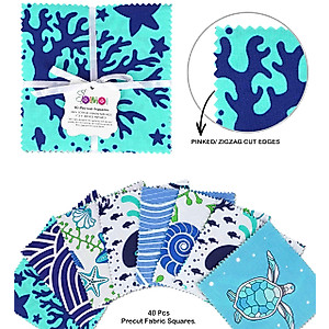 Soimoi Beach Ocean Print Precut 5-inch Cotton Fabric Quilting Squares Charm Pack DIY Patchwork Sewing Craft- Blue