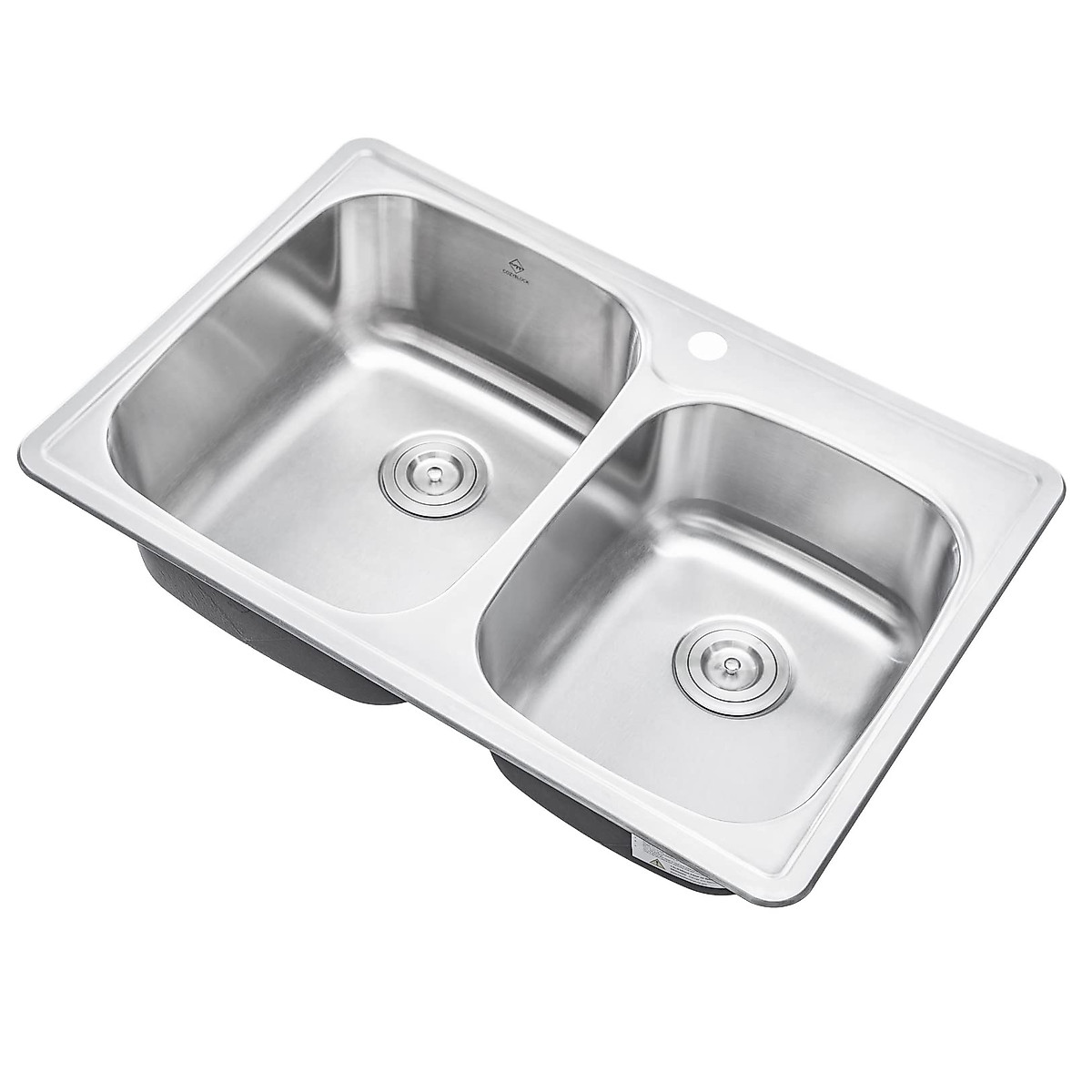 CozyBlock 33 x 22 x 9 Inch 60/40 Offset Top-mount/Drop-in Stainless Steel Double Bowl Kitchen Sink with Strainer and Protective Bottom Grid - 18 Gauge Stainless Steel-1 Faucet Hole