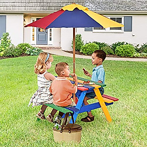 Costzon Kids Picnic Table, Wooden Table & Bench Set with Removable & Foldable Umbrella, Toddler Patio Set for Backyard, Garden, Children Girls & Boys Gift, Kids Table and Chair Set for Outdoors