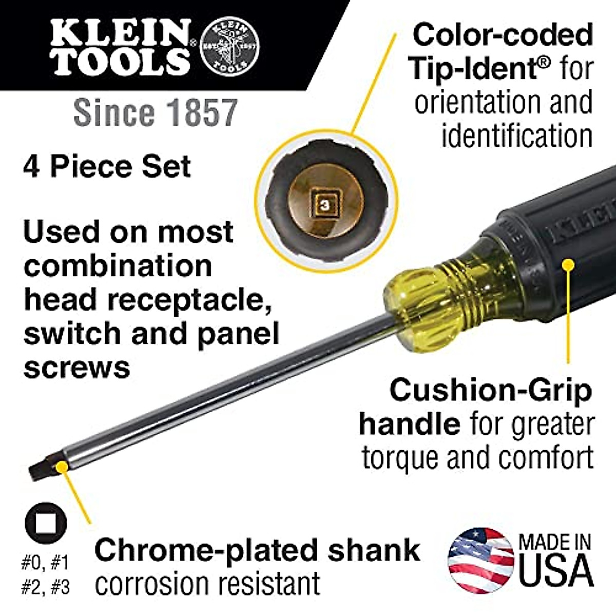 Klein Tools 85664 Screwdriver Set, Square Recess with Color Coded Handles and Heat Treated, Chrome Plated Shafts, 4-Piece