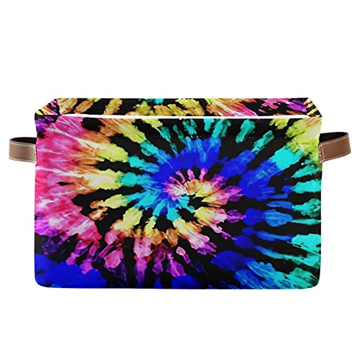 Gougeta Foldable Storage Basket with Handle, Tie Dye Rainbow Colorful Rectangular Canvas Organizer Bins for Home Office Closet Clothes Toys 2 Pack
