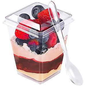 Chrome 50Pack 5oz Plastic Dessert Cups with Lids & Spoons - Ice cream Cups with Stickers, Serving Fruit Trifle Mousse Pudding and More (5oz/ 150ml)