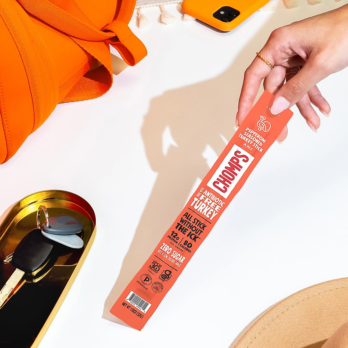 Chomps Pepperoni Turkey Jerky Meat Snack Sticks 10-Pack - Keto, Paleo, Low Carb, Whole30 Approved, 12g Lean Meat Protein, Gluten Free, Antibiotic Free, Zero Sugar Food