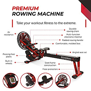 Stamina X Air Rower - Rower Machine with Smart Workout App - Rowing Machine with Air Resistance for Home Gym Fitness - Up to 250 lbs Weight Capacity - Black/Red