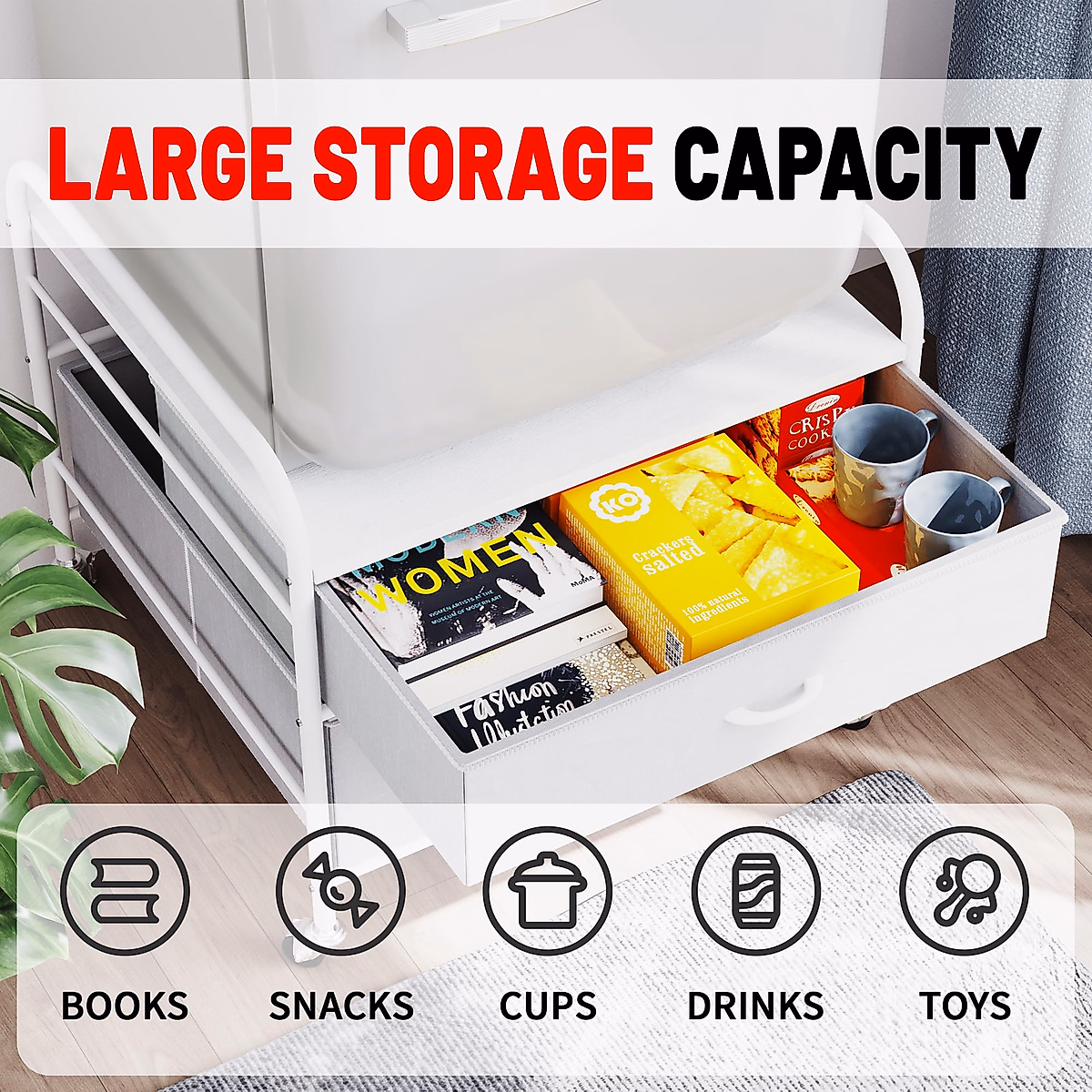 Alavoco 2 Drawer Dresser, 120LBS Fabric Storage Tower, 2 Drawer Storage Cart, Mini Fridge Stand with Storage, Metal Frame Iron Top, 4 Swivel Wheels for Home Kitchen, White