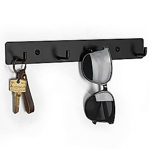 Lwenki Key Holder for Wall, Key Rack with 4 Key Hooks to Hang Keyrings, Dog Leash, Umbrella, Sunglasses – Key Hanger with Mounting Hardware for Glass, Tile and Wood (10.9” x 1.4” x 1.0”) (Black)