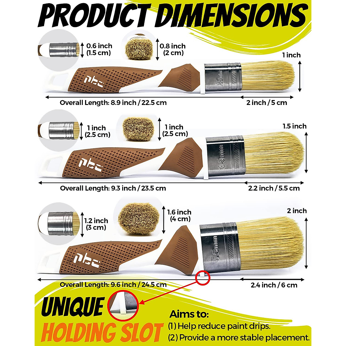 PinStone 3 Pack Professional Paint Brushes Set, 1", 1.5", 2" Synthetic Bristles Paint Brush, Easy-Grip Rubber Handle, Cabinet Paint Brush, Chalk Paint Brush, Paint Brushes for Walls, Smooth Finish