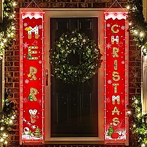 Christmas Decorations Banners with String Lights, Cookie Pattern Merry Christmas Party Decor, Bright Red Xmas Hanging Banner for Outdoor/Indoor Home Front Door, 600D Fabric Porch Sign, Hemming Strip Lights