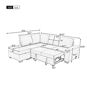 Ball & Cast 85" Sectional Sofa W/Movable Storage Ottoman,Velvet L-Shaped Corner Couch with Hidden Arm Storage & USB Charge,for Living Room,Bedroom,Gray
