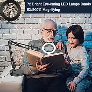 WYZGFRQS 2-in-1 Magnifying Glass with Light, 5X Magnifying Glass with Light and Stand & Clamp, Magnifying Lamp with 72 LED Lights, 3 Modes Stepless Dimmable, Adjustable Swivel Arm