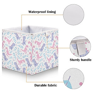 ALAZA Cute T-rex Girl Dinosaurs Fabric Cube Storage Bin,Collapsible Fabric Bins Organizer Foldable Basket for Closet Cabinet Shelf Office,11.02x11.02x11.02in